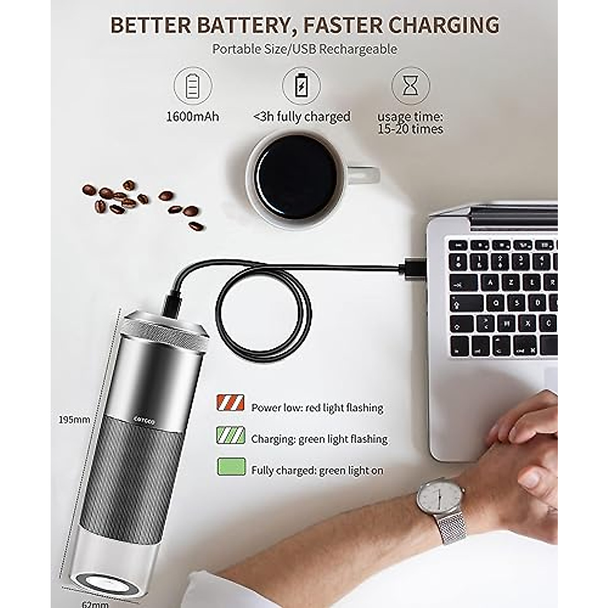Coffee Grinder Electric Burr Portable: COTGCO Small Espresso Bean Mill with Conical Burr - Adjustable & Rechargeable Battery - Extra Fine to Extra Coarse (Silver-1)