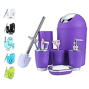 Yosoo 6 Piece Bathroom Accessory Set, Plastic Gift Set Toothbrush Holder Toothbrush Cup Soap Dispenser Soap Dish Toilet Brush Holder Trash Can Tumbler Straw Set Bathroom, Purple