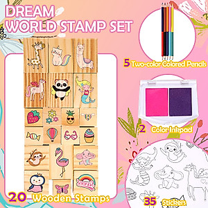Unicorn Wooden Stamp and Sticker Set for Girls, Unicorn, Mermaid, Panda, Alpaca, Sloth, Cats, Rainbow, Butterfly Stamps, Activity Craft Set for Girls Boys Kids Gift Ages 4 5 6 7 8 9 10 Years Old