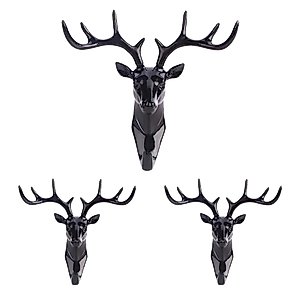 UVKDEENK 3pcs Moose Wall Hanging Hooks, Deer Head Hooks, Vintage Deer Hooks Decorative Wall Hanging Rustic Shabby Kitchen Bedroom Bathroom Towel Coat Hooks (Black)