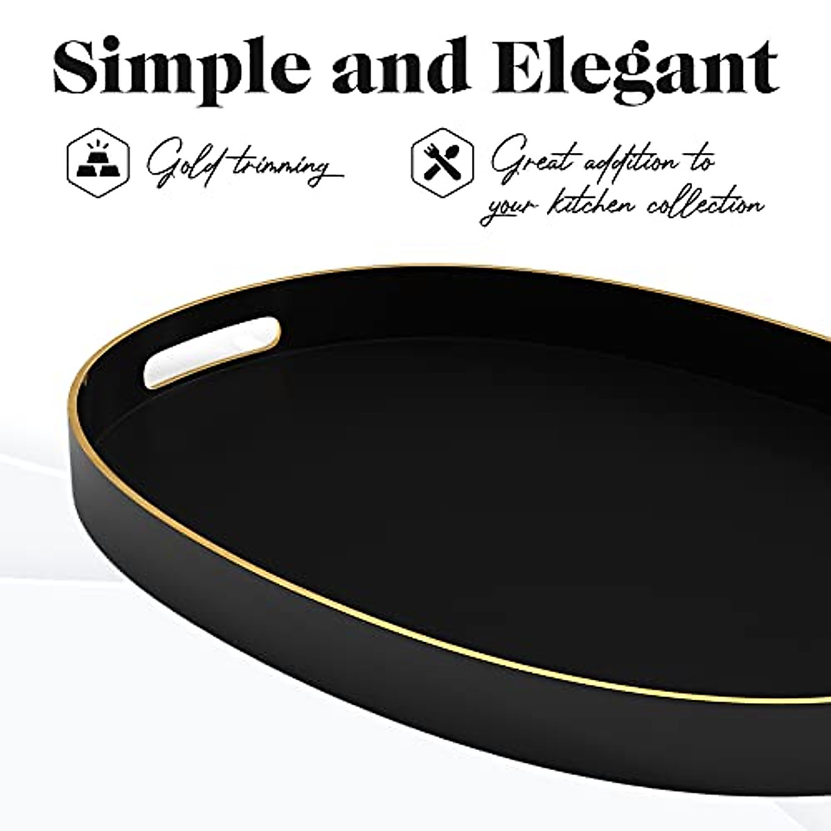 American Atelier Black Serving Tray with Gold Trimming | Oval Serving Tray with Handles | Trays for Serving Food, Coffee, Tea, and More | Classic Oval Coffee Table Tray in Black
