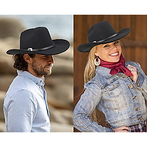 Classic Black Western Felt Roll Up Brim Cowboy and Cowgirl Hat for Women and Men - Decoration with Western Belt Bukle