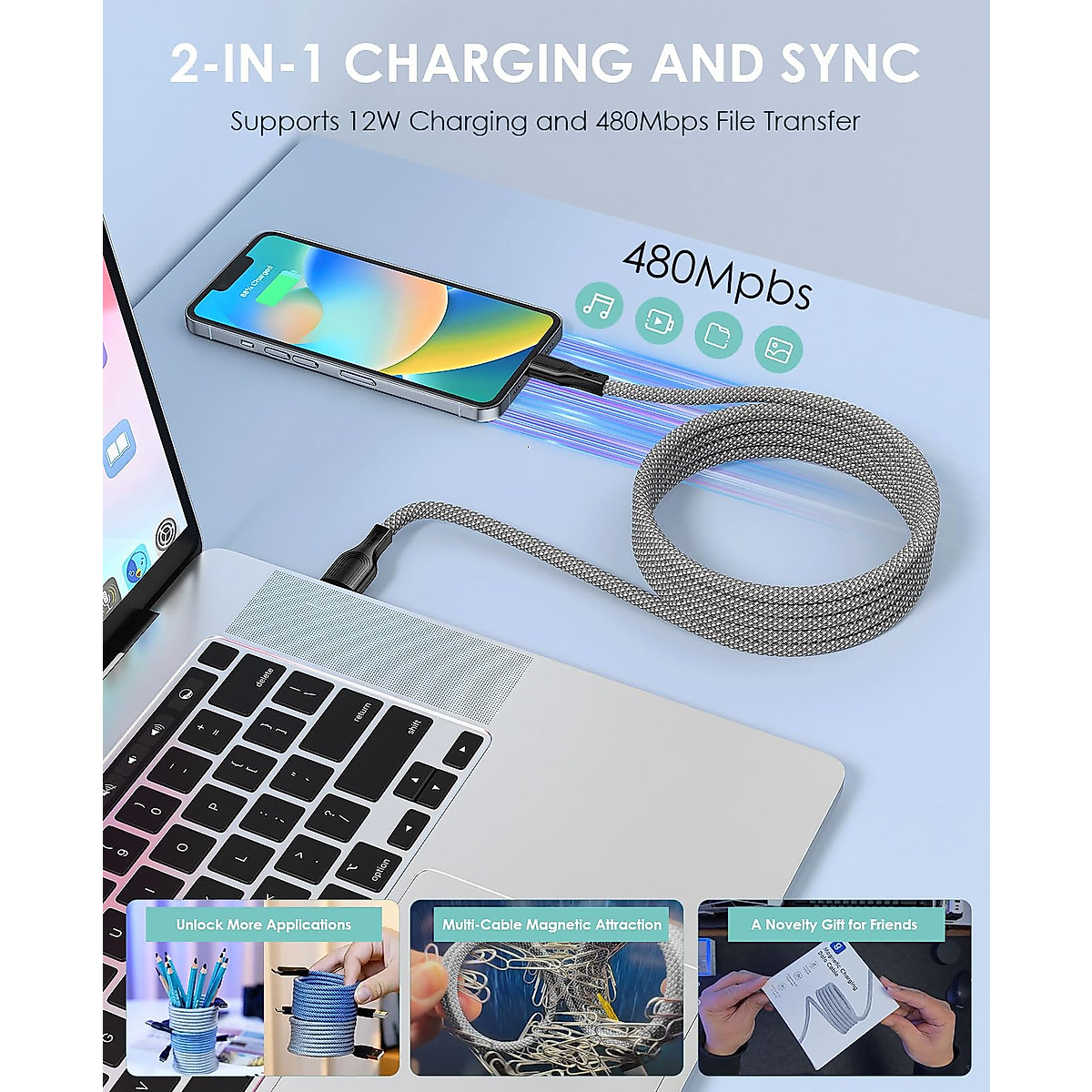 Magtame iPhone Charger Lightning Cable, 3.3ft Magnetic Coiled iPhone Cable Fast Charging Braided Charger Cord, MFi Certified Compatible with iPhone 14 13 12 11 Pro Max Plus Tangle-Free and Durable