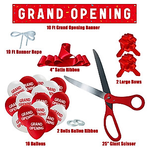 Grand Opening Red Ribbon Cutting Ceremony Kit - 25" Giant Scissors with Red Satin Ribbon, Banner, Balloons,Bows and More Supplies Grand Opening Decorations for Business