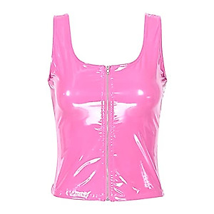 Oyolan Sexy Women PVC Leather Wet Look Zipper Open Crop Tank Tops Latex Moto Biker Punk Tops Blouse Pink Small