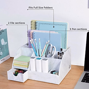 Marble Desk Organizer For Office Supplies And Accessories - 9 Sections - Pencil Pen Holder Storage - Desktop Organization Decor Essentials (White Grey Marble)
