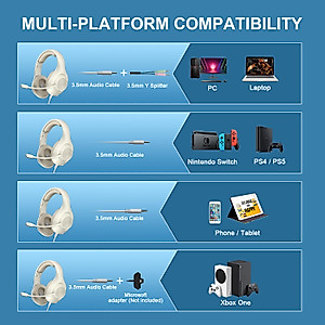 Gaming Headset for PS5 PS4 PC, Wired Headsets with 7.1 Surround Sound, H-7 Gaming Over Ear Headphones with Noise Cancelling Flexible Mic Memory Earmuffs, for PC/PS5/PS4/XboxSeries X/S/Switch (White)