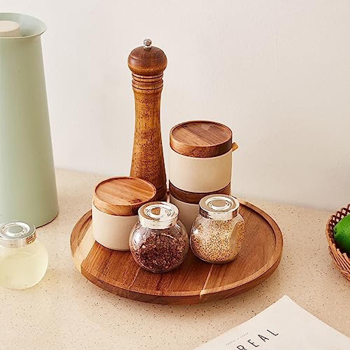 12" Acacia Wooden Lazy Susan Organizer for Kitchen Turntable Rotating Spice Rack Cake Stand Suitable for Home Decor, Dining Table Centerpiece, Spices Fruits Makeup Organization Decoration Brown
