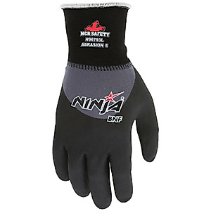 MCR Safety Gloves N96793L Ninja BNF Work Gloves 15 Gauge Nylon/Spandex Shell with NFT Coated Over the Knuckle Palm, Large,Black