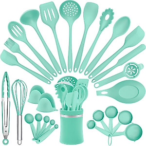 Silicone Cooking Utensils Set, 28PCS Kitchen Utensils Set with Holder, AIKWI Heat-Resistant & Non-stick Silicone Spatula, Tongs,Spoon for Cooking, BPA Free Kitchen Tools Gift (Green)