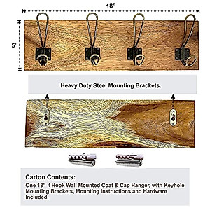 WRIGHTMART Handmade Acacia Hardwood Coat Rack with 4 Hooks, Durable Rustic Wall Mount, Versatile Hanger for Entryway, Bedroom, Bathroom, Farmhouse Boho Decor, 18" Natural Finish