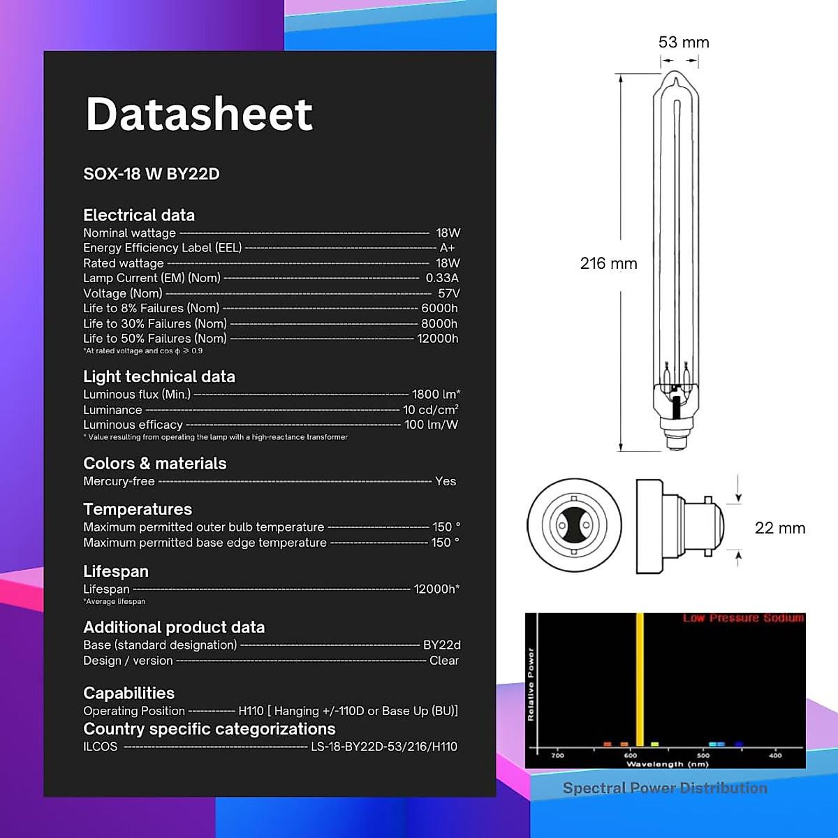 SOX E 18W Low Pressure Sodium (LPS) Light Bulb - B22 - Monochromatic Yellow Light for Black Fire, Darkroom Safelight, Dark Sky Preservation - Philips SOX Lamp Replacement [Ballast not Included]