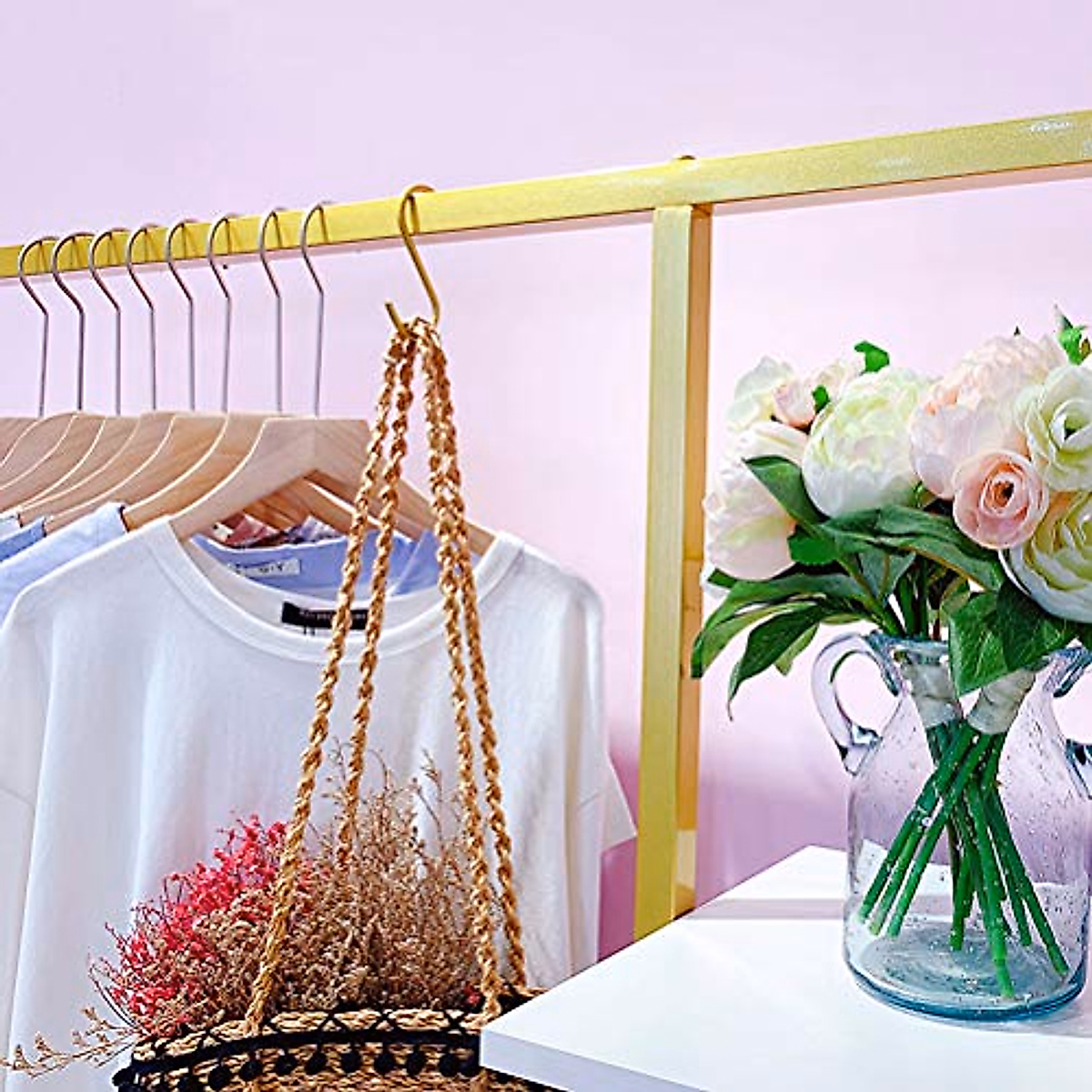 FONECHIN Metal Clothes Garment Racks with 4 Wood Storage Shelves and Hanging Bar Heavy Duty Free Standing Clothing Rack Large Closet Organizer for Boutique 47"