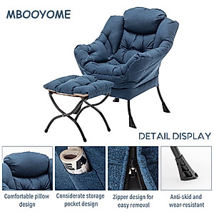 MBOOYOME Lazy Chair with Ottoman, Modern Soft Reading Chair Accent Contemporary Lounge Leisure Sofa Chair with Armrests and a Side Pocket for Living Room, Bedroom, Dorm & Office, Dark Blue