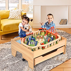 HONEY JOY Train Table, Wooden Kids Activity Table with Storage Drawer, 100 Multicolor Pieces, Tracks, Trains, Cars, Toddler Train Table Set, Gift for Boys Girls Age 3+, Natural