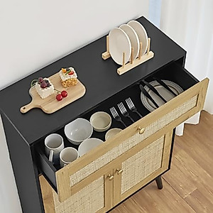 Iwell Storage Cabinet with Adjustable Shelf, Rattan Cabinet with Large Drawer, Accent Cabinet for Dining Room, Entryway, Living Room, Black