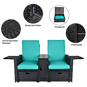 VUYUYU 5PCS Outdoor Wicker Chaise Lounge Chair - Rattan Adjustable Reclining Patio Lounge Chair with Ottoman and Coffee Table, for Patio Beach Pool Backyard (Black Wicker Turquoise Cushion)