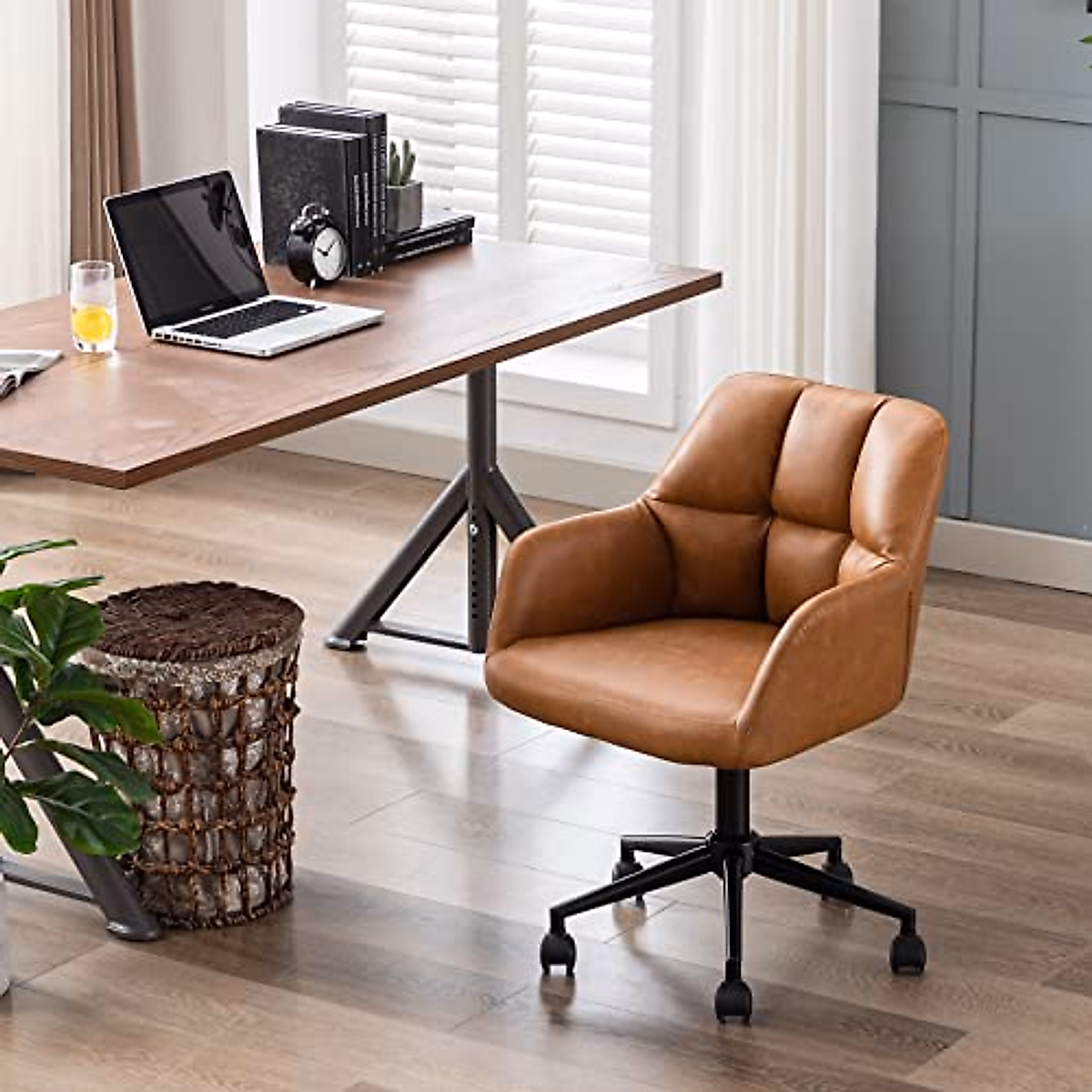 RIVOVA Modern PU Leather Office Desk Chair with Armrest, Height Adjustable Wide Seat Computer Task Chair for Home Office, Mid Back Accent Chair, Brown
