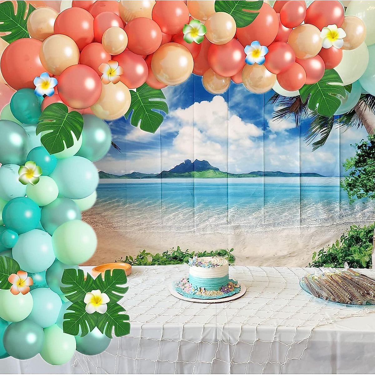 Ouddy Party Tropical Balloon Garland Arch Kit, 12"10"5" Rose Gold Blush Blue Balloons Artificial Palm Leaves Plumeria for Magic Theme Birthday Party Supplies Baby Shower Hawaii Luau Party Decorations