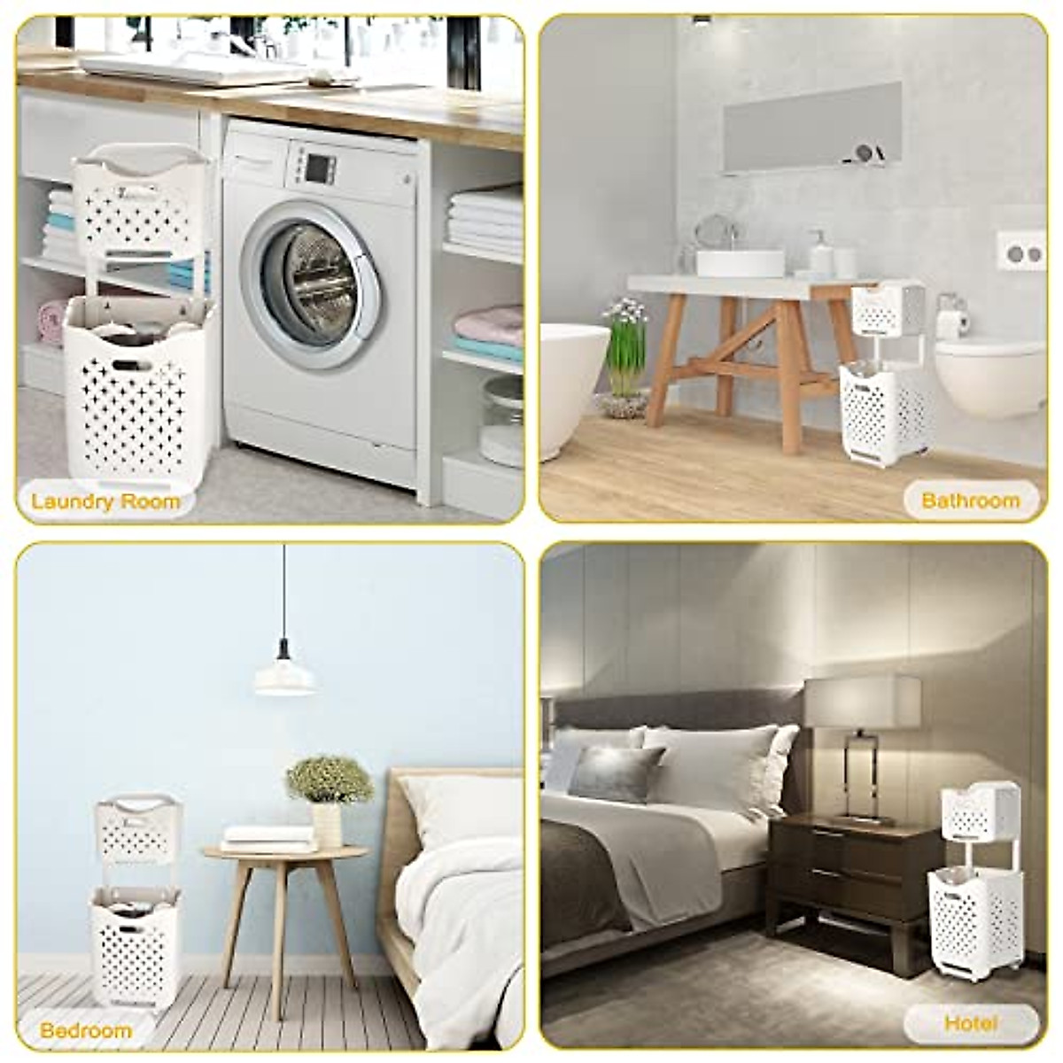 BTSKY Plastic Collapsible Laundry Baskets Wall Hanging Dirty Clothes Hamper with Hidden Pull-rod Multifunctional Plastic Laundry Baskets for Laundry Room Organization Bathroom Hotel and Camping, White