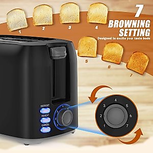2 Slice Black Toaster with Wide Slots, Bagel Function, 7 Shade Settings, Removable Crumb Tray - Compact Prime Rated Toaster for Bread, Waffles