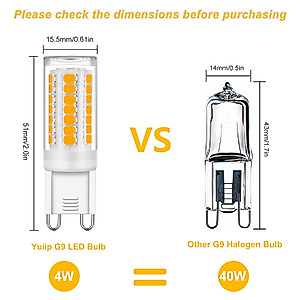 YUIIP G9 LED Light Bulb 4W Equivalent 40W Halogen Bulbs, G9 Base, Warm White 3000K, 400LM Lamp, AC 120V CRI 83 for Home Lighting, Ceiling Fan, Chandelier, Non Dimmable (6 Pack)