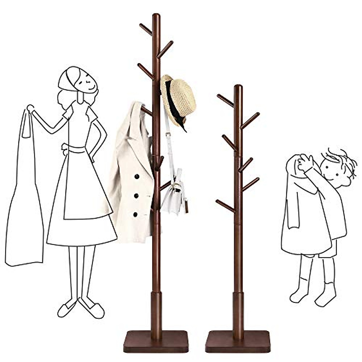 VASAGLE Solid Wood Coat Rack, Free Standing Hall Coat Tree with 8 Hooks, 3 Height Options, for Coats, Hats, Bags, Purses, for Entryway, Hallway, Rubberwood Hooks and Pole, Dark Walnut URCR010W01