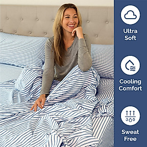 Queen Size 4 Piece Sheet Set - Breathable & Cooling Sheets - Hotel Luxury Bed Sheets for Women, Men, Kids & Teens - Deep Pockets, Easy-Fit, Wrinkle Free Sheets - Blue Stripes Oeko-Tex Bed Sheet Set