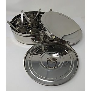 Tabakh Stainless Steel Sada Masala Dabba Spice Container Box - 7 Containers & 7 Spoons - 8.5-Inches