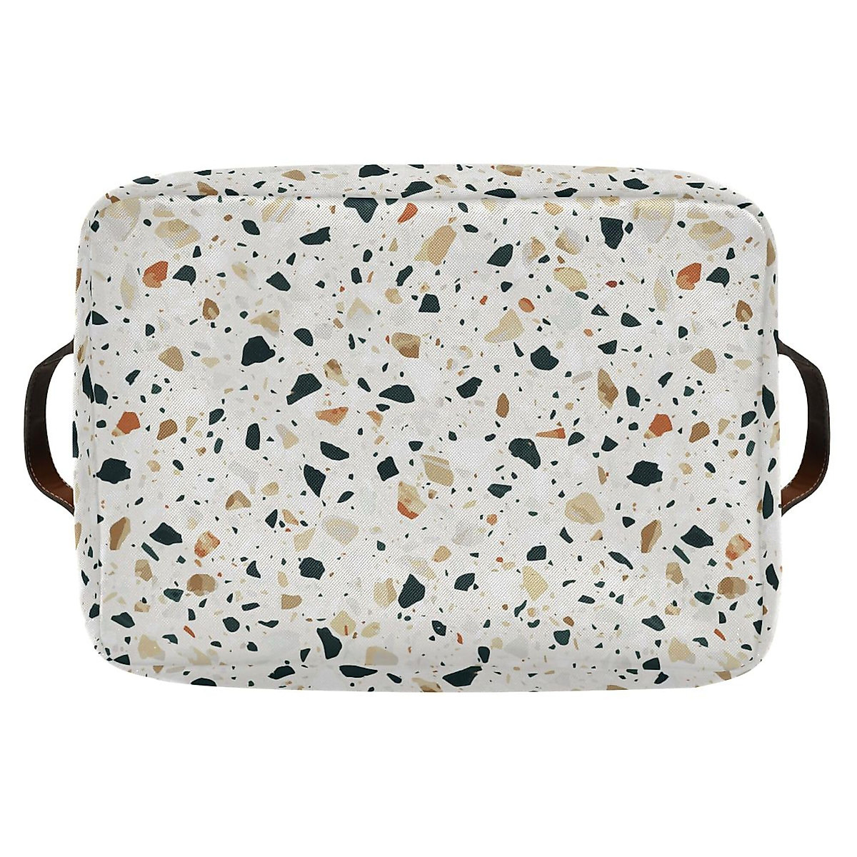 xigua Terrazzo Storage Basket Foldable Storage Bin, Canvas Rectangular Storage Basket with Leather Handles for Home Closet & Office Decoration