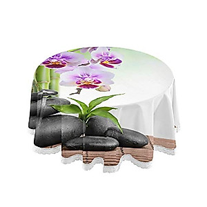 Pfrewn Spa Zen Garden Round Tablecloth Basalt Stones Orchid Table Cloth Cover Mat Lace Washable Polyester 60" Dining Decorative for Holiday Home Party Wedding Picnic