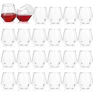 Pumtus 24 Pack Stemless Wine Glasses, Plastic Unbreakable Diamond Wine Cups, 12 OZ Shatterproof Drinking Glassware, Clear Tritan Drinkware Tumbler for Whiskey, Cocktails, Wedding, Party, Bars