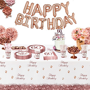 Xigejob 60th Birthday Decorations Women Tableware, Rose Gold 60 And Fabulous Decorations Dinnerware, Plate, Cup, Napkin, Tablecloth, Cutlery, Happy Sixty 60-Year-Old Birthday Party Supplies, Serve 24
