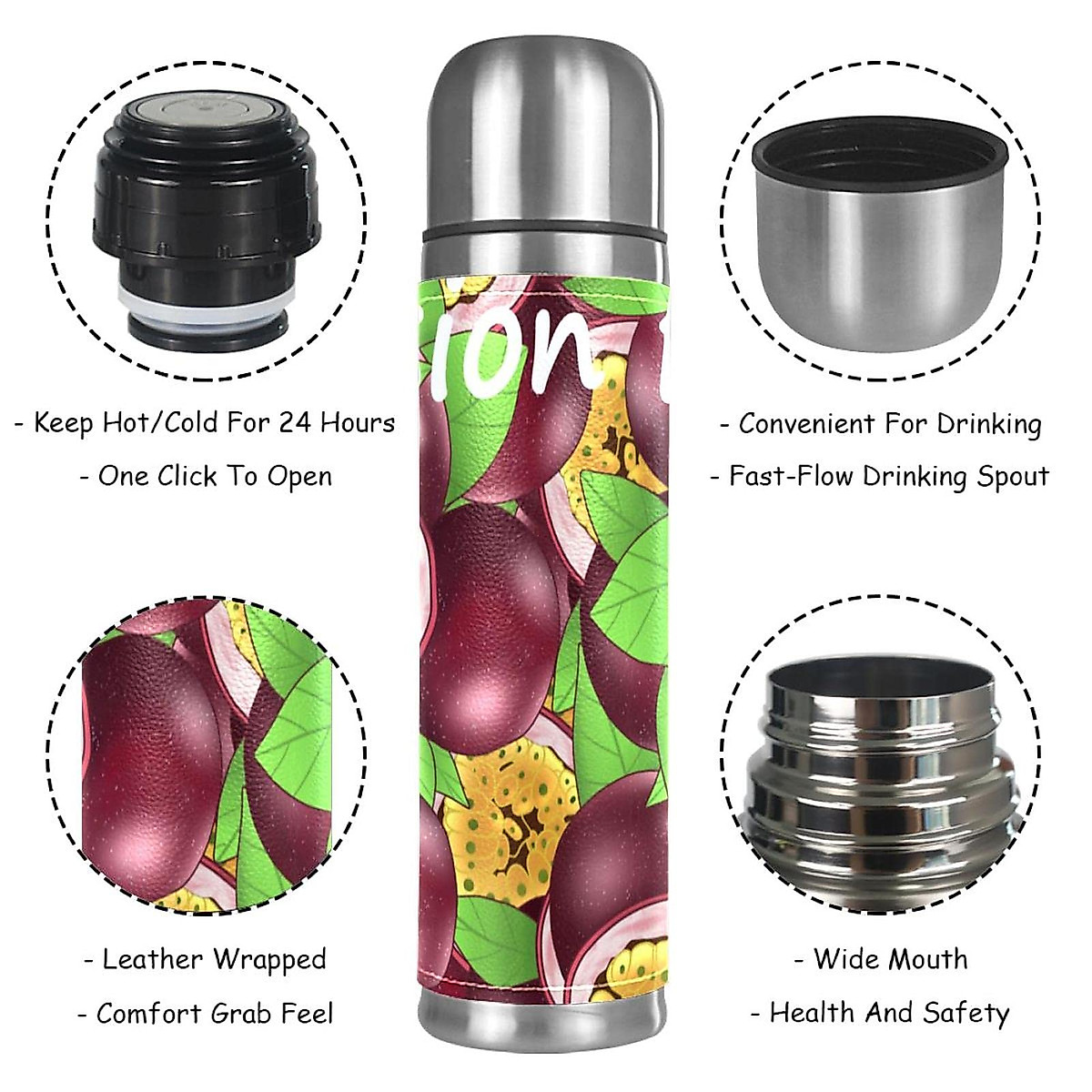 Stainless Steel Leather Vacuum Insulated Mug Passion Fruit Thermos Water Bottle for Hot and Cold Drinks Kids Adults 16 Oz