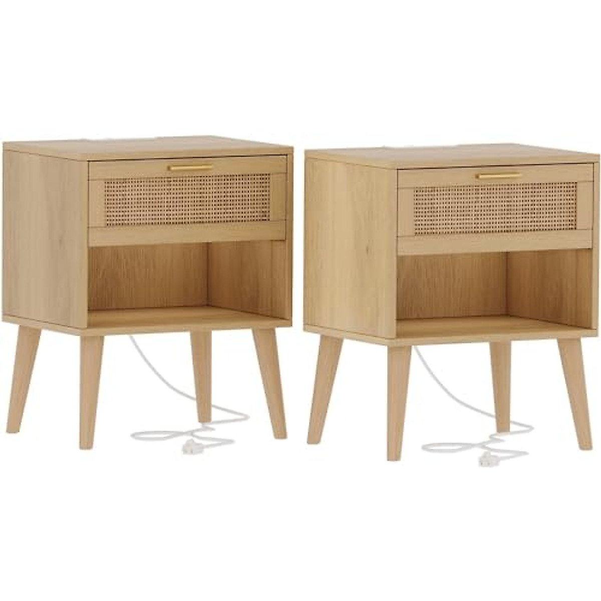 Irontar Nightstands Set of 2, Night Stands with Charging Station & Rattan Drawer, Boho Style Bed Side Tables with Solid Legs, Accent End Table with Open Storage for Bedroom, Natural BZZ007ME02