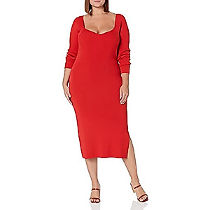 The Drop Women's Cameron Ribbed Sweetheart Neckline Midi Sweater Dress, Lava red, M