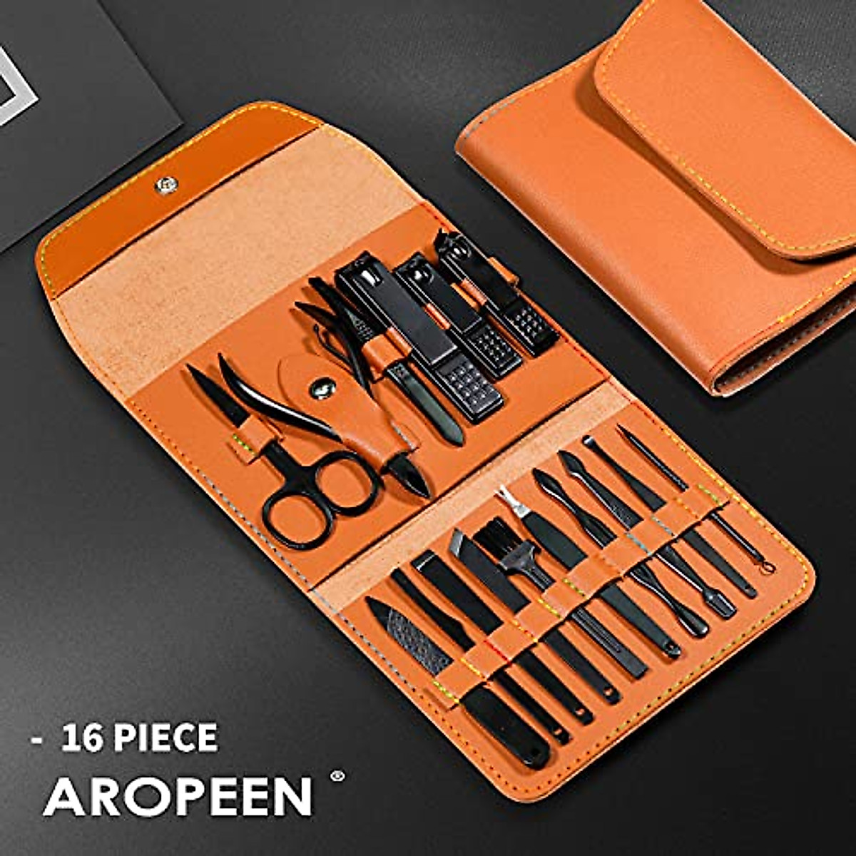 AROPEEN 16Pcs Nail Kit,Manicure Set Professional with PU Leather Case Nail Clipper Set Stainless Steel Pedicure Set,Nail Clippers Scissors for Men/Women