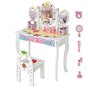HONEY JOY Kids Vanity, Strawberry Princess Wooden Makeup Dressing Table & Chair Set w/Real Glass Tri-Fold Oval Mirror & Accessories, Detachable Top, Pretend Play Vanity Set for Little Girls(White)