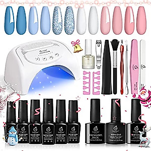 Beetles Gel Nail Polish Kit with 48W U V Nail Lamp Starter Kit 6 pcs Blue White Nude Pink Glitter Gel Polish Set Base Gel Top Coat DIY Pink Decorations Manicure Gifts for Women