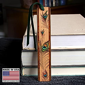Peacock Feather Wooden Bookmark with Green Suede Tassel - Made in USA - Also Available Personalized