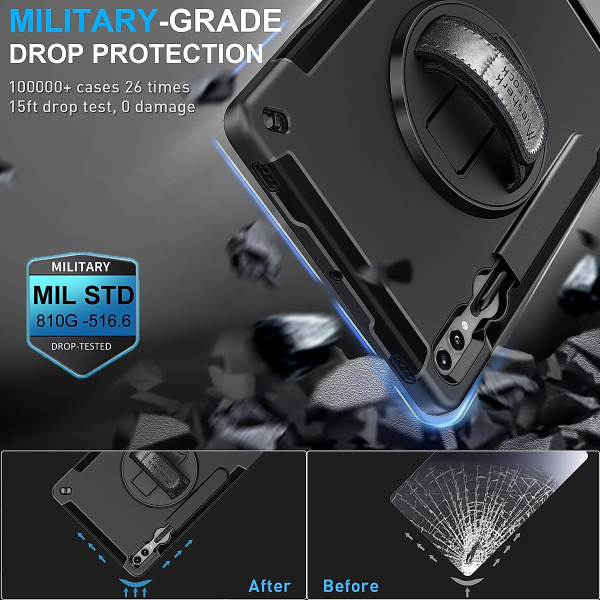 Case for Samsung Tab S9 Plus 2023: Miesherk Stock Heavy Duty Rugged Military Grade Shockproof Case for Galaxy Tab S9 Plus 12.4 Inch 2023 W/360° Stand - Handle - Shoulder Strap - S-Pen Holder - Black