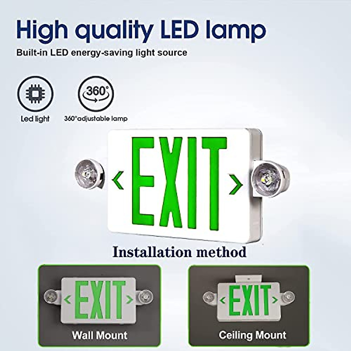 LED Exit Sign with Emergency Light, Green Exit Sign Light with 90 Minute Battery Backup, Green Letter Emergency Exit Sign Light with Two Adjustable Heads, AC 120-277V, UL Listed (6-Pack, Green)