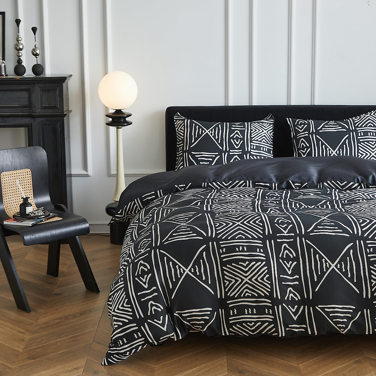 Simple&Opulence Boho Cooling Duvet Cover Set, 3Pcs Aztec Luxury Tribal Geometric Pattern Comforter Cover Set 100% Viscose from Bamboo, Soft Breathable Bedding for Hot Sleepers(Black, King)