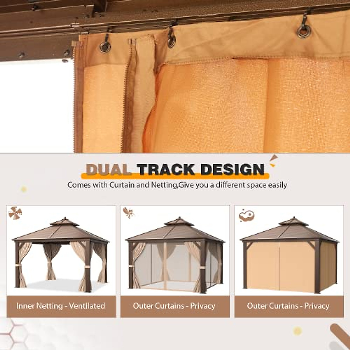 EROMMY 12'x12' Hardtop Gazebo, Outdoor Galvanized Steel Roof Canopy with Aluminum Frame, Permanent Metal Pavilion with Netting and Curtains, for Patio Backyard Deck and Lawns