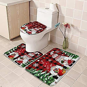 Christmas Gnome 3 Piece Bath Rugs Sets Cute Christmas Gnome Bathroom Mats Set Non Slip Water Absorbent U-Shaped Contour Toilet Mat Xmas Tree Snowflake Red Buffalo Plaid Toilet Lid Cover