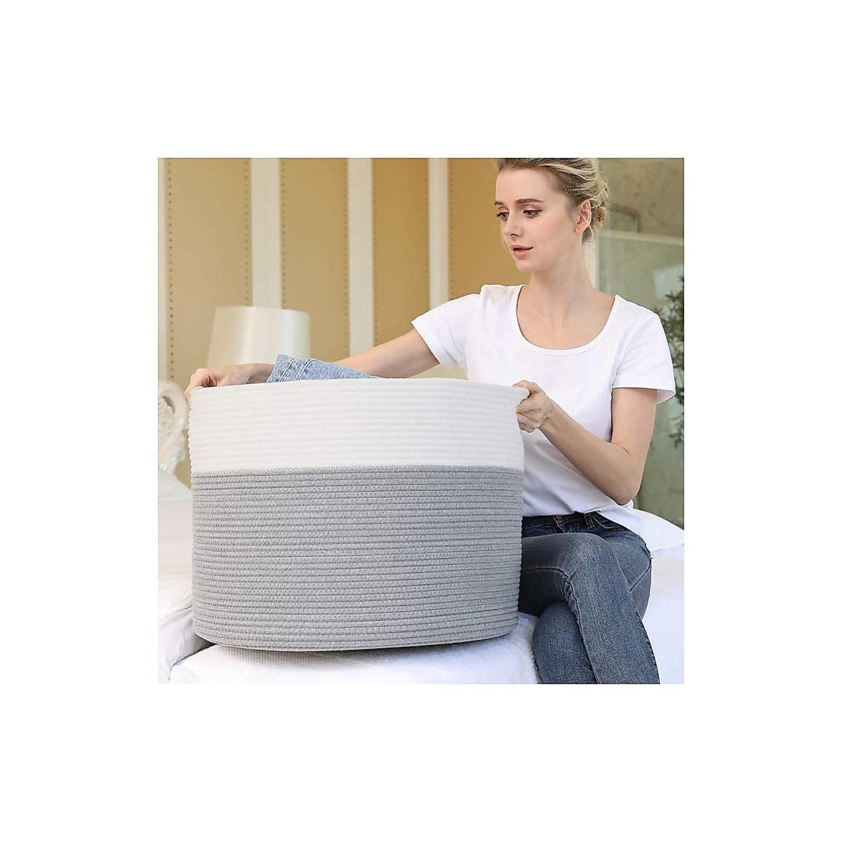 Actume XXXL Cotton Rope Basket 21" X 21" X 14" Decorative Woven Basket, Laundry Baskets for Blanket Toys Towels Nursery Hamper Bin with Handle, Grey White