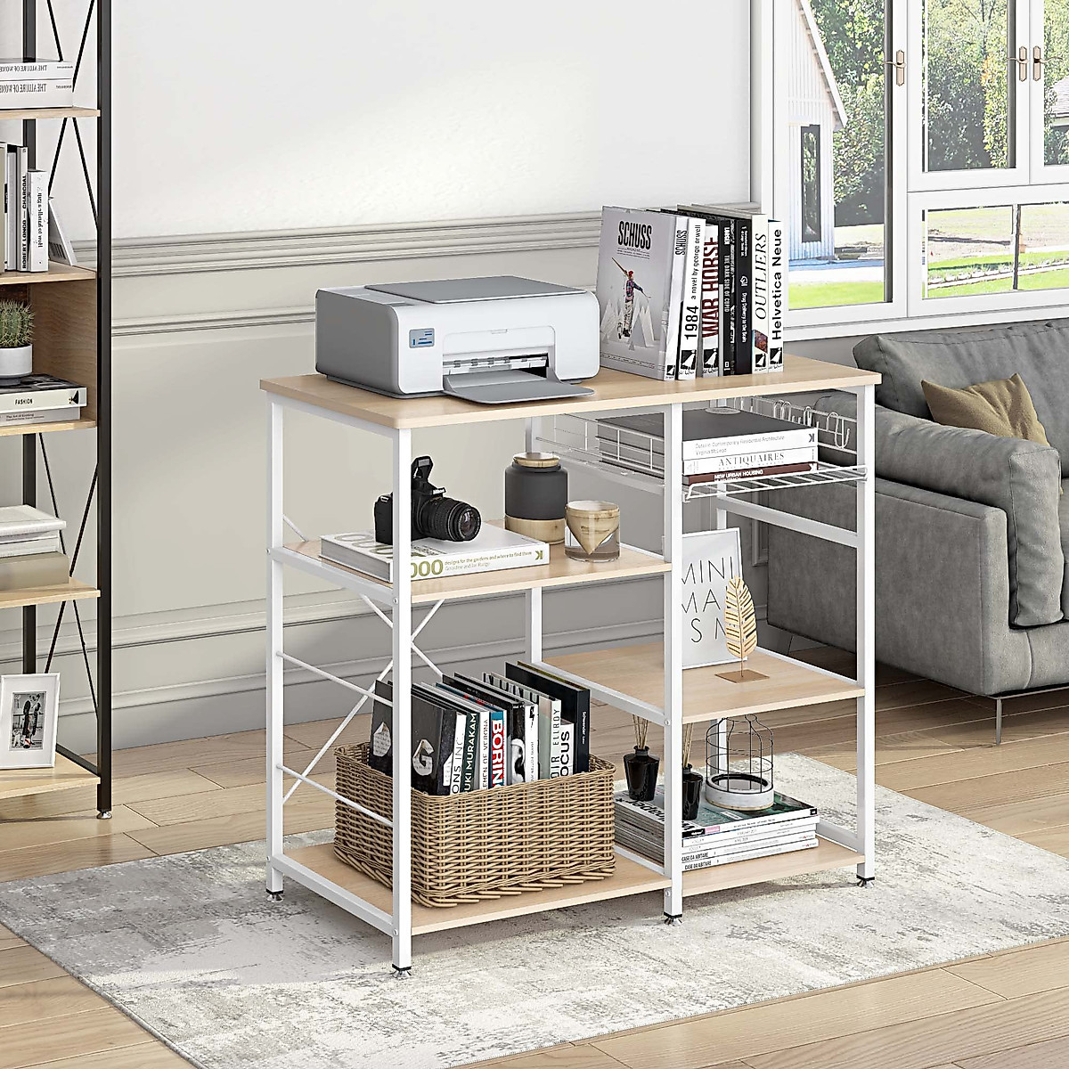 Wellynap Bakers Rack, 3-Tier Microwave Stand for Kitchens with Storage, Utility Storage Shelf with 5 Hooks and Basket for Spice Rack, White Oak