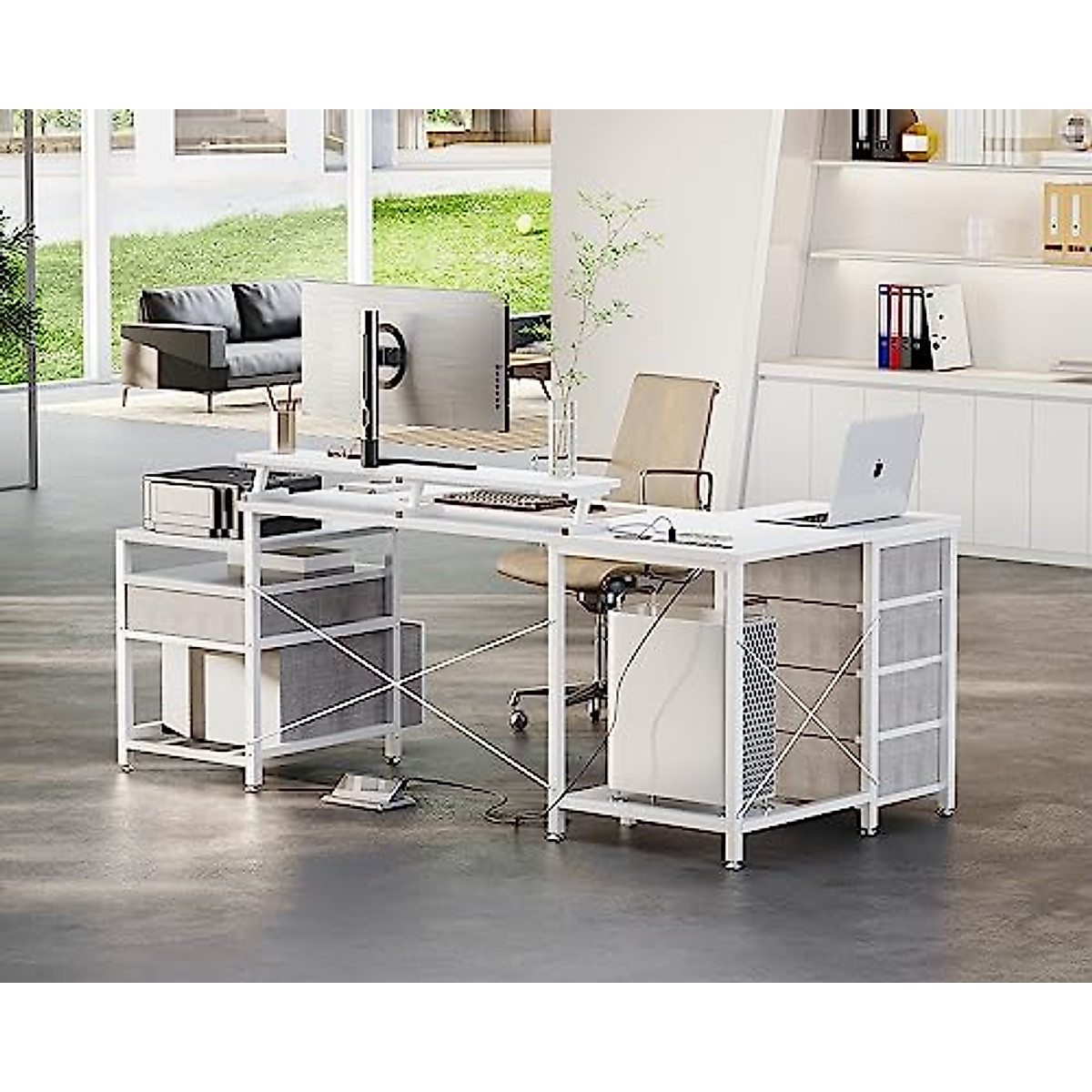 KKL Home Office Desk with File Drawer & 3 Power Outlets &2 USB Ports, 55'' L Shaped Desk with Storage Shelves, Printer Cabinet and Monitor Shelf, Computer Table Executive Desk Workstation, White