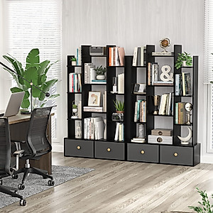 Unikito Book Shelf with 2 Drawers Free Standing Bookcase, Office Storage Shelf Organizer with 12 Open Bookshelf, Industrial Wood Book Case Display Rack for Bedroom, Living Room Home Office, Black