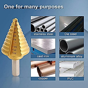 Reeson Step Drill Bits 5pcs 50 Sizes Unibit High Speed Steel Titanium Coated Double Cutting Blades for Sheet Metal Hole Drilling Cutting with Automatic Center Punch